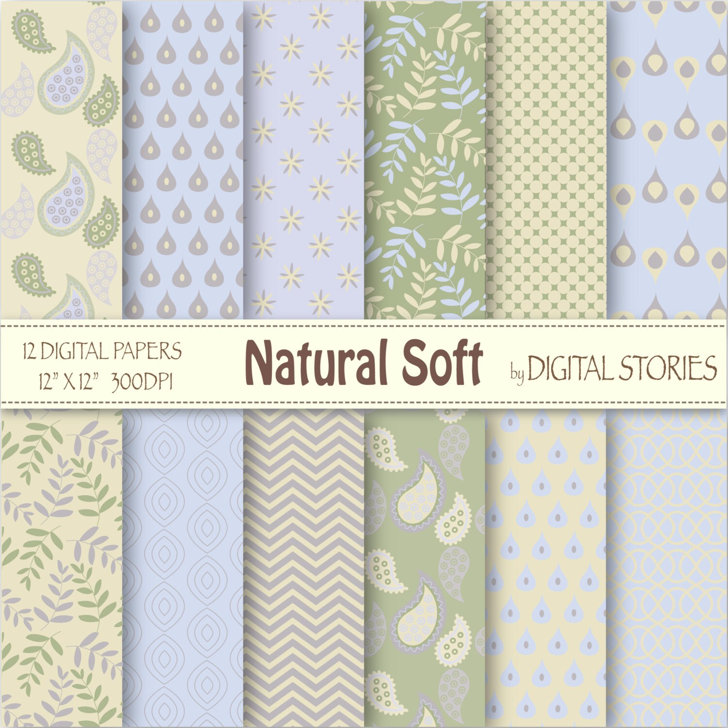 Green Light Blue Paisley Digital Paper Pack Natural Soft | Etsy