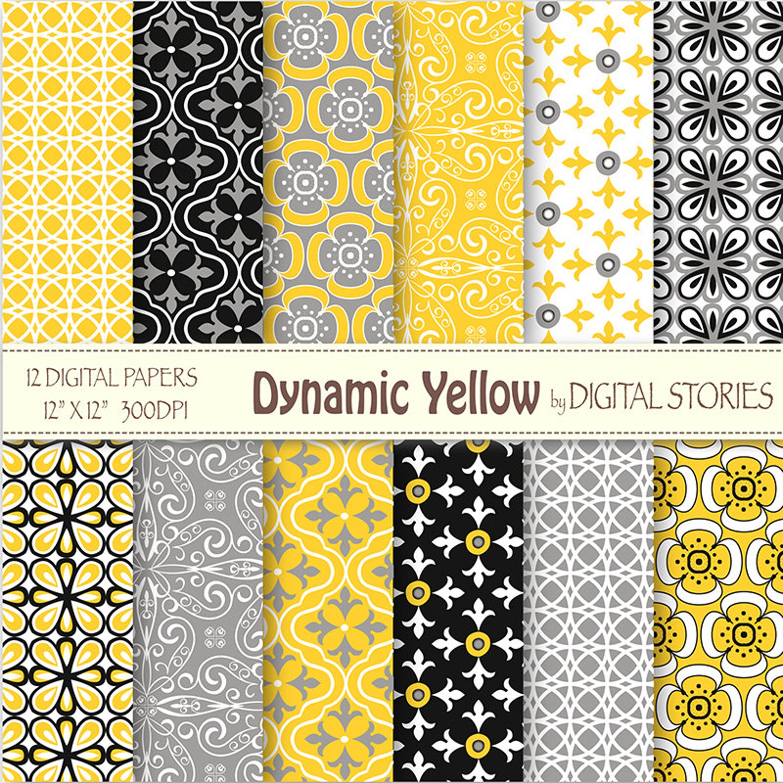 Yellow Black Gray Retro Digital Scrapbook Paper Pack Dynamic Yellow ...
