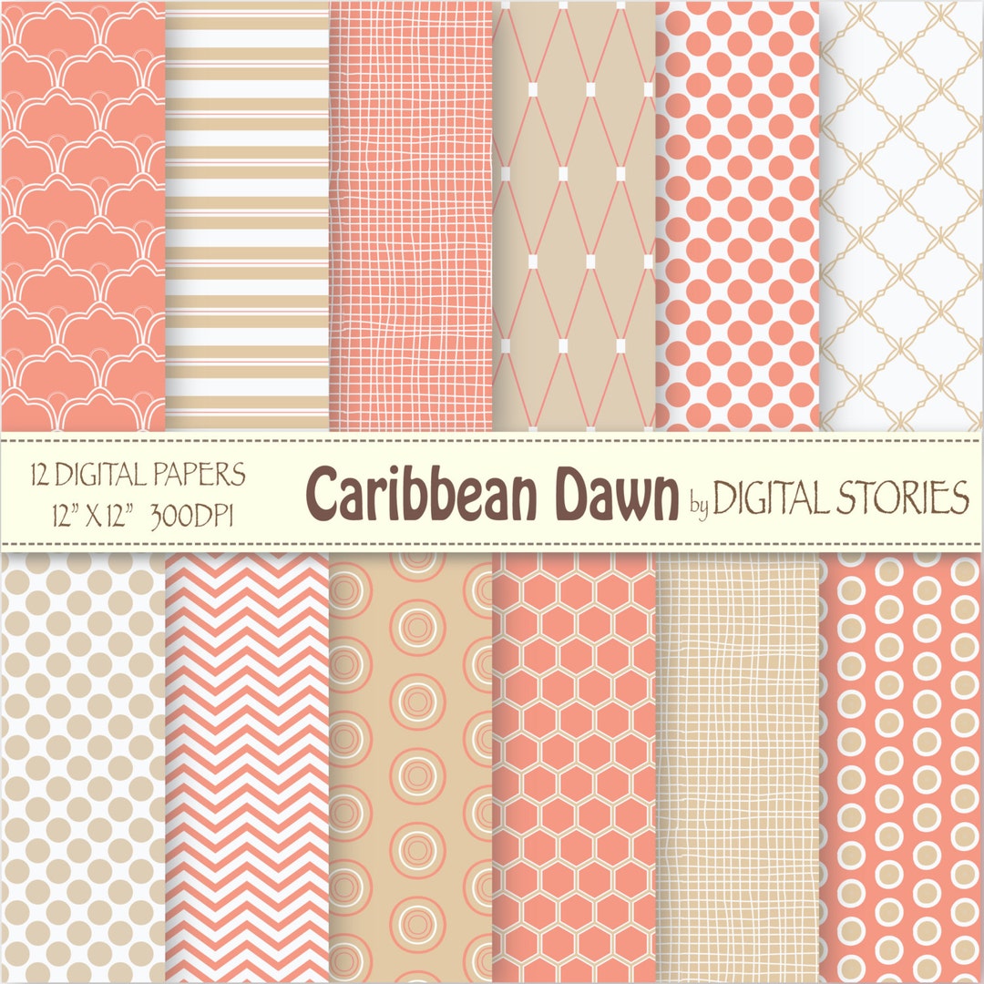 Coral Digital Scrapbook Paper Pack orange Beige Dots Stripes caribbean ...