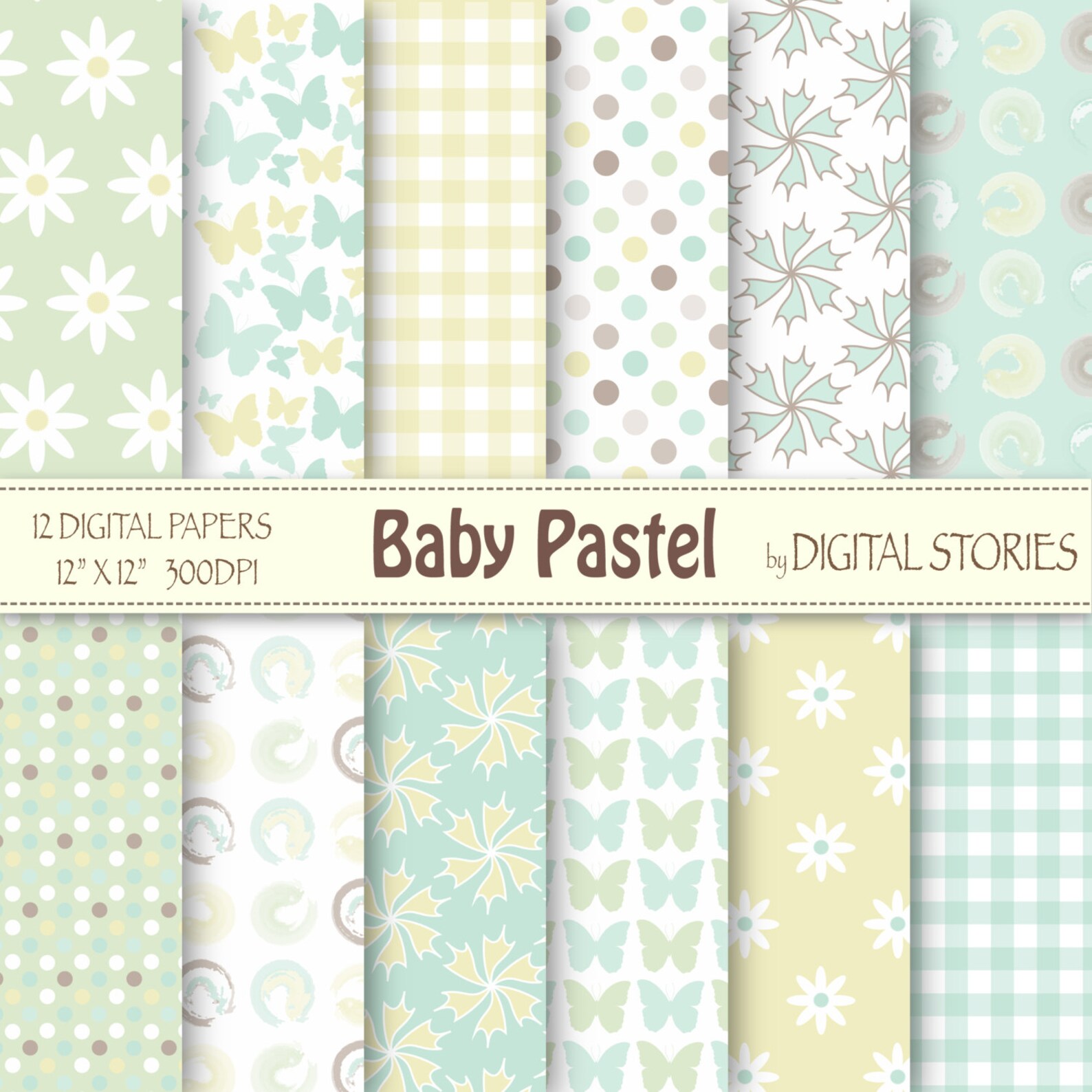 Baby Digital Paper: baby Pastel Butterfly Flower Gingham Dots Plaid ...