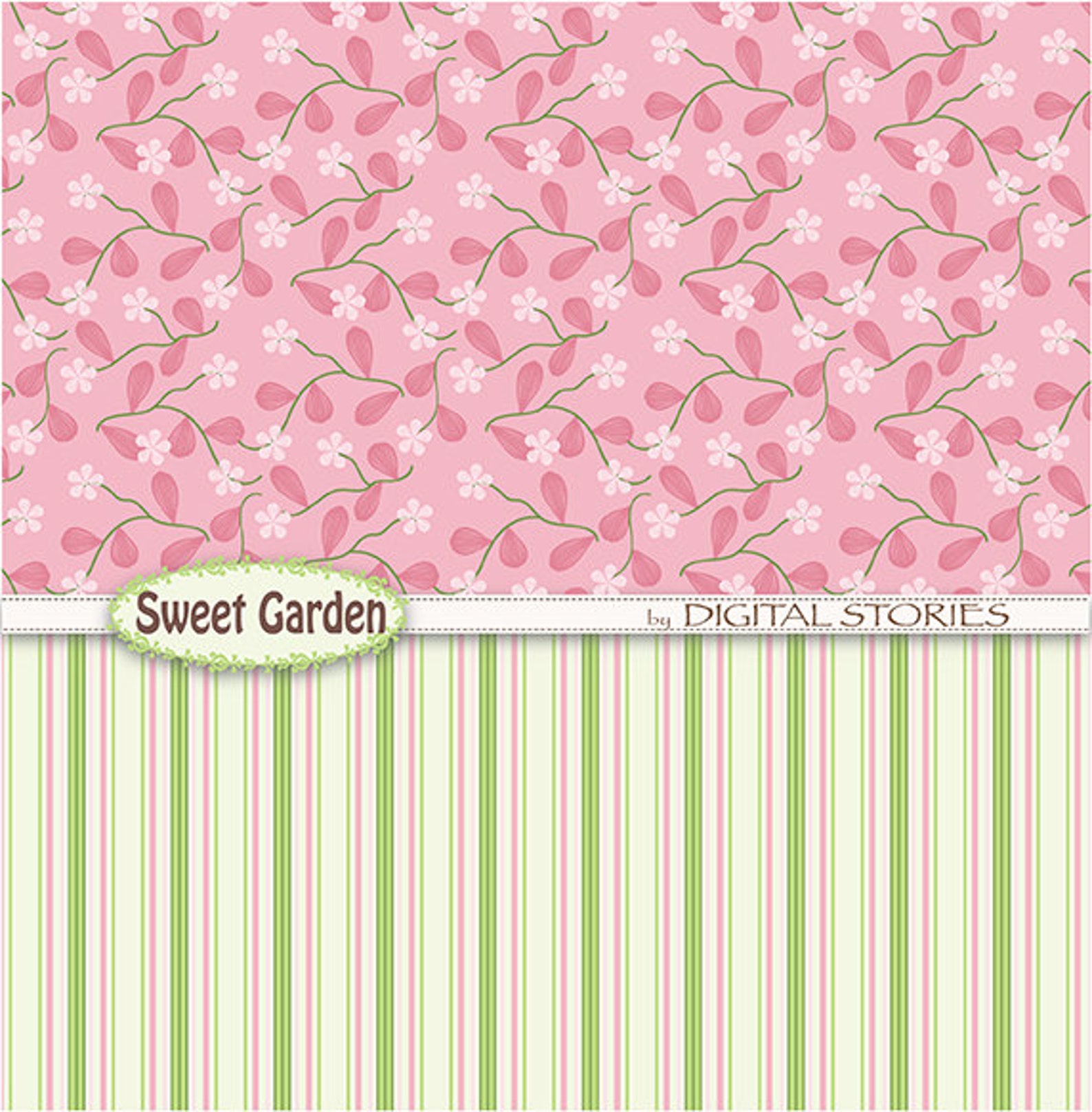Floral Digital Paper: sweet Garden Pink Green Floral Stripes Digital ...