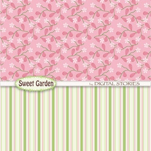 Floral Digital Paper: sweet Garden Pink Green Floral Stripes Digital ...