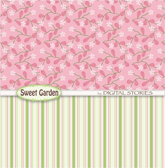 Floral Digital Paper: sweet Garden Pink Green Floral Stripes Digital ...