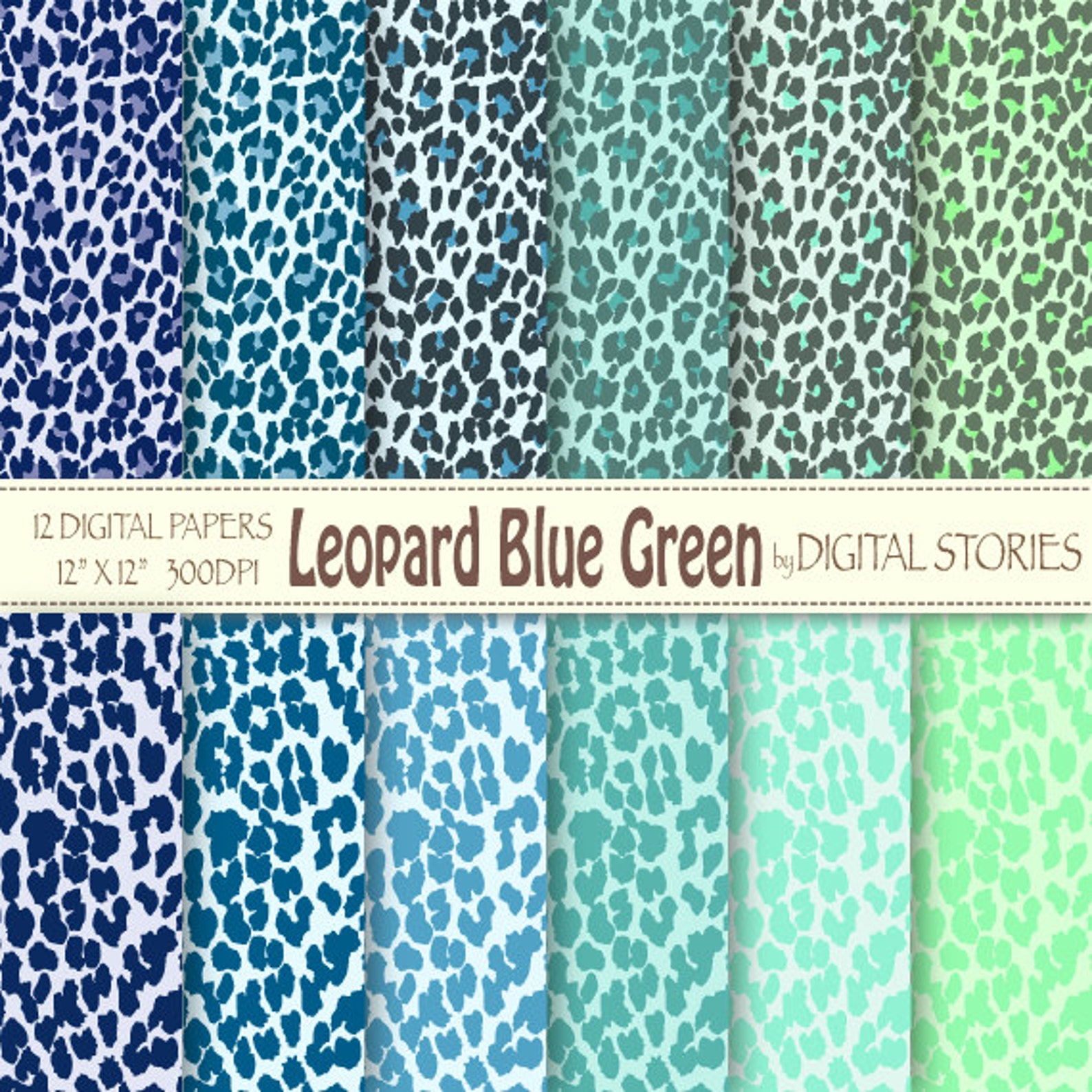 Animal Print Digital Paper: leopard BLUE Green Leopard Digital Paper ...