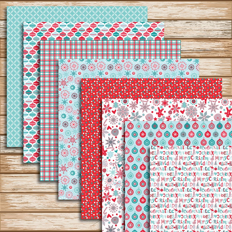 Christmas Digital Paper: christmas AQUA Red Scrapbook Paper With Retro ...