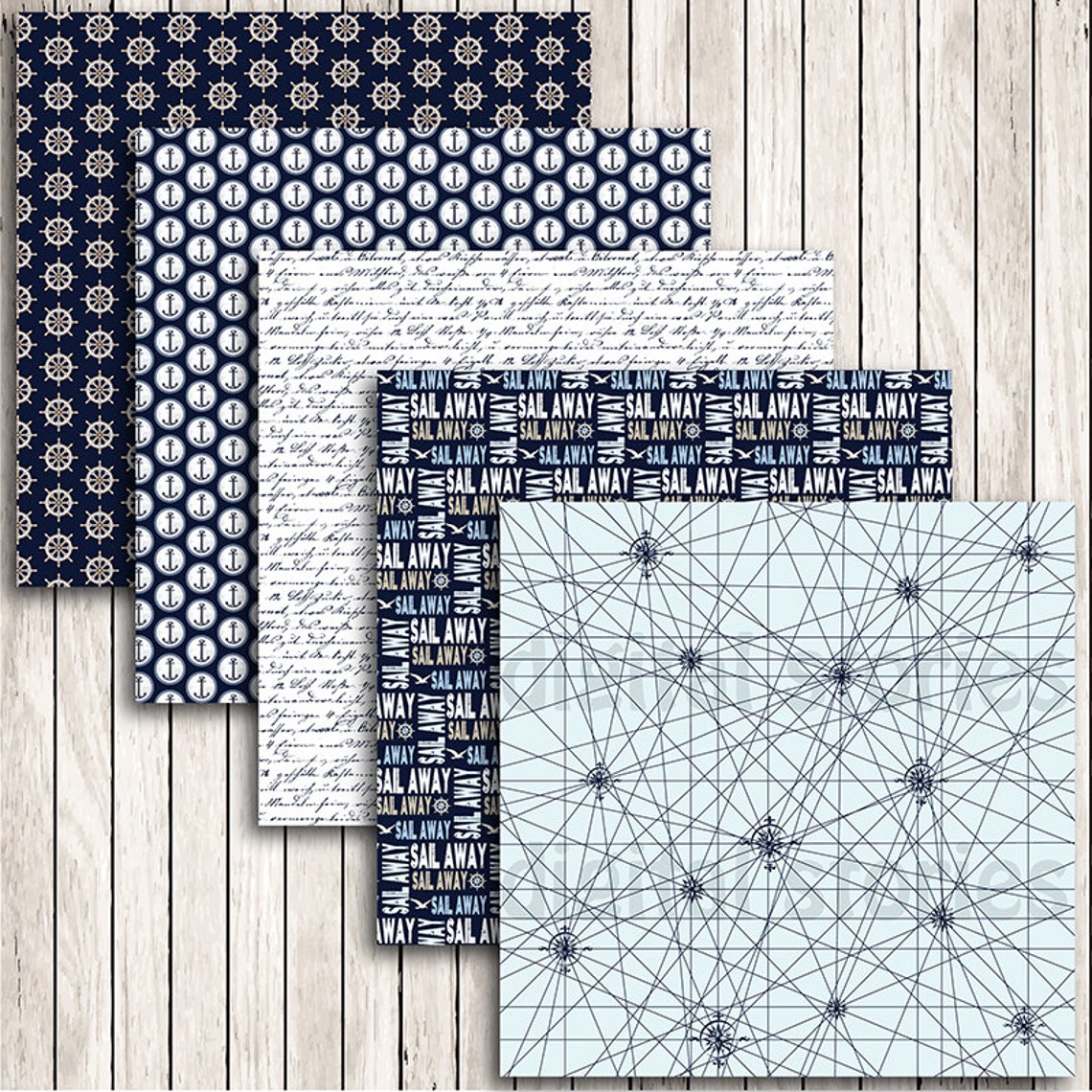 Nautical Digital Papers: sail Away Navy Blue White Vintage Nautical ...