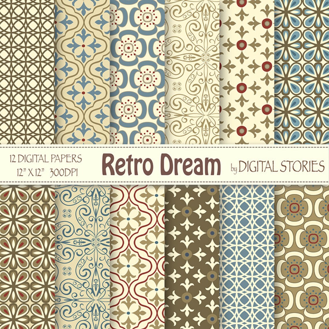 Retro Digital Paper: retro Dream Retro Scrapbook Digital Paper in Sage ...
