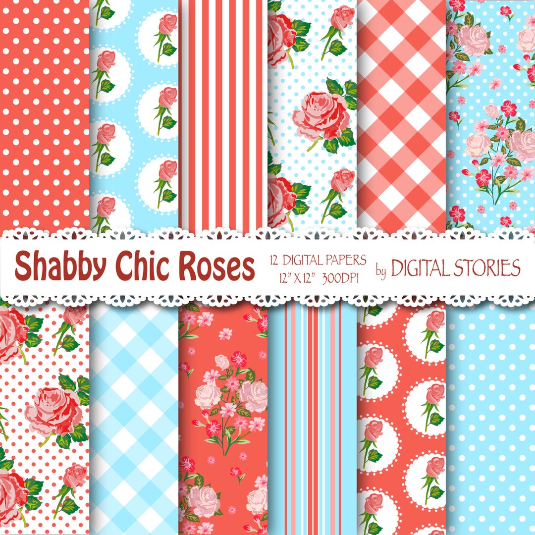 Shabby Chic Digital Paper: shabby RED Blue Floral Background With Roses ...