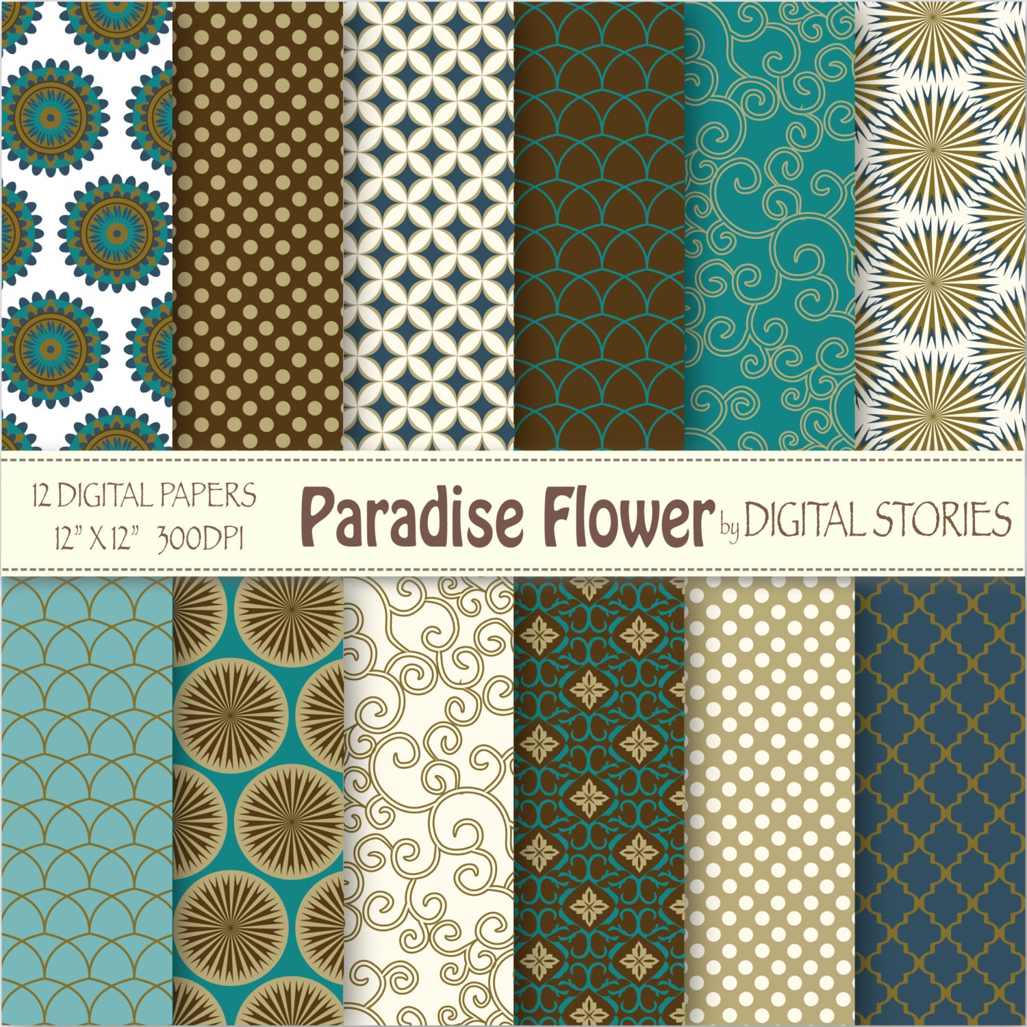 Turquoise Brown Digital Scrapbook Paper Pack beige Morocco Arabesque ...
