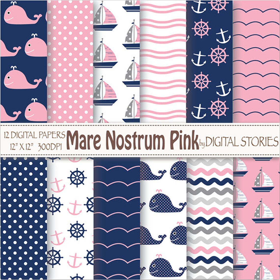 Nautical Digital Papers: mare Nostrum Clip Art in Navy Blue & Pink With ...