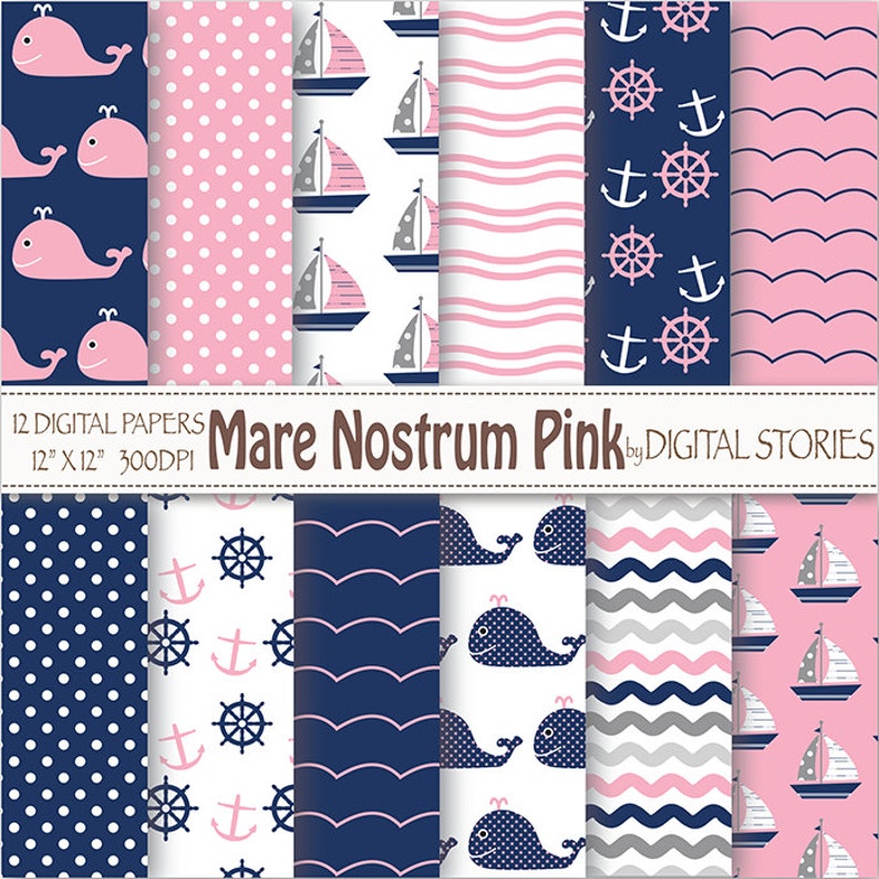 Nautical Digital Papers: mare Nostrum Clip Art in Navy Blue & Pink With ...