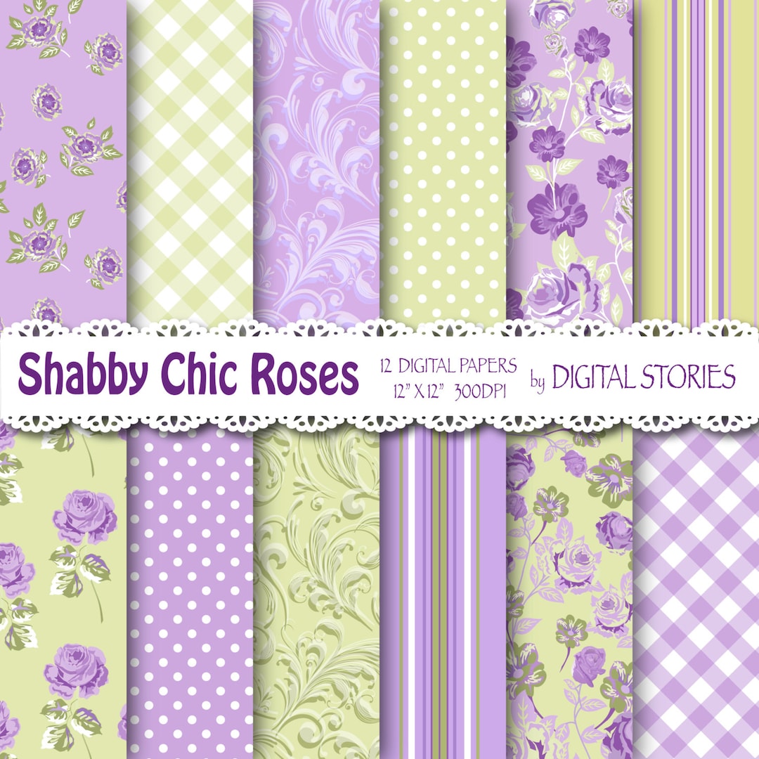 Shabby Chic Digital Paper: lilac GREEN Bright Floral Background With ...