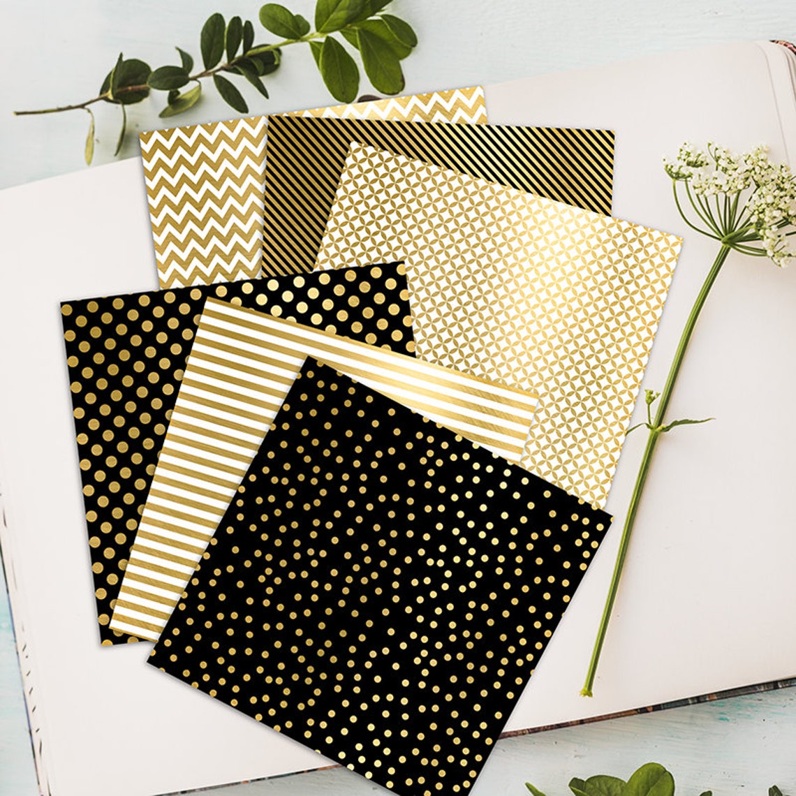 Gold Foil Digital Paper: gold BLACK White Golden Shiny Glam Dots ...