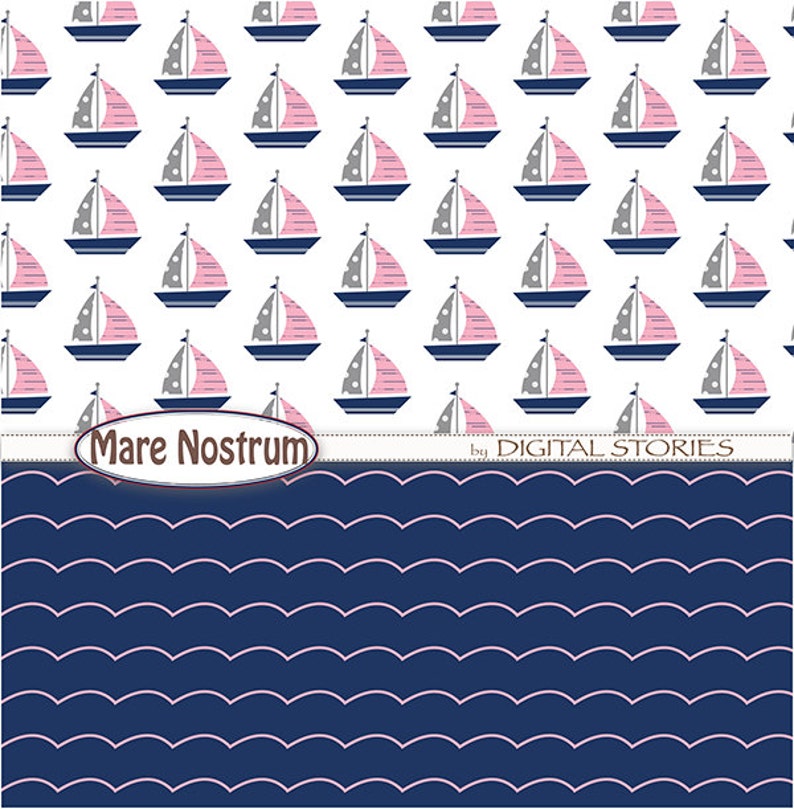 Nautical Digital Papers: mare Nostrum Clip Art in Navy Blue & Pink With ...