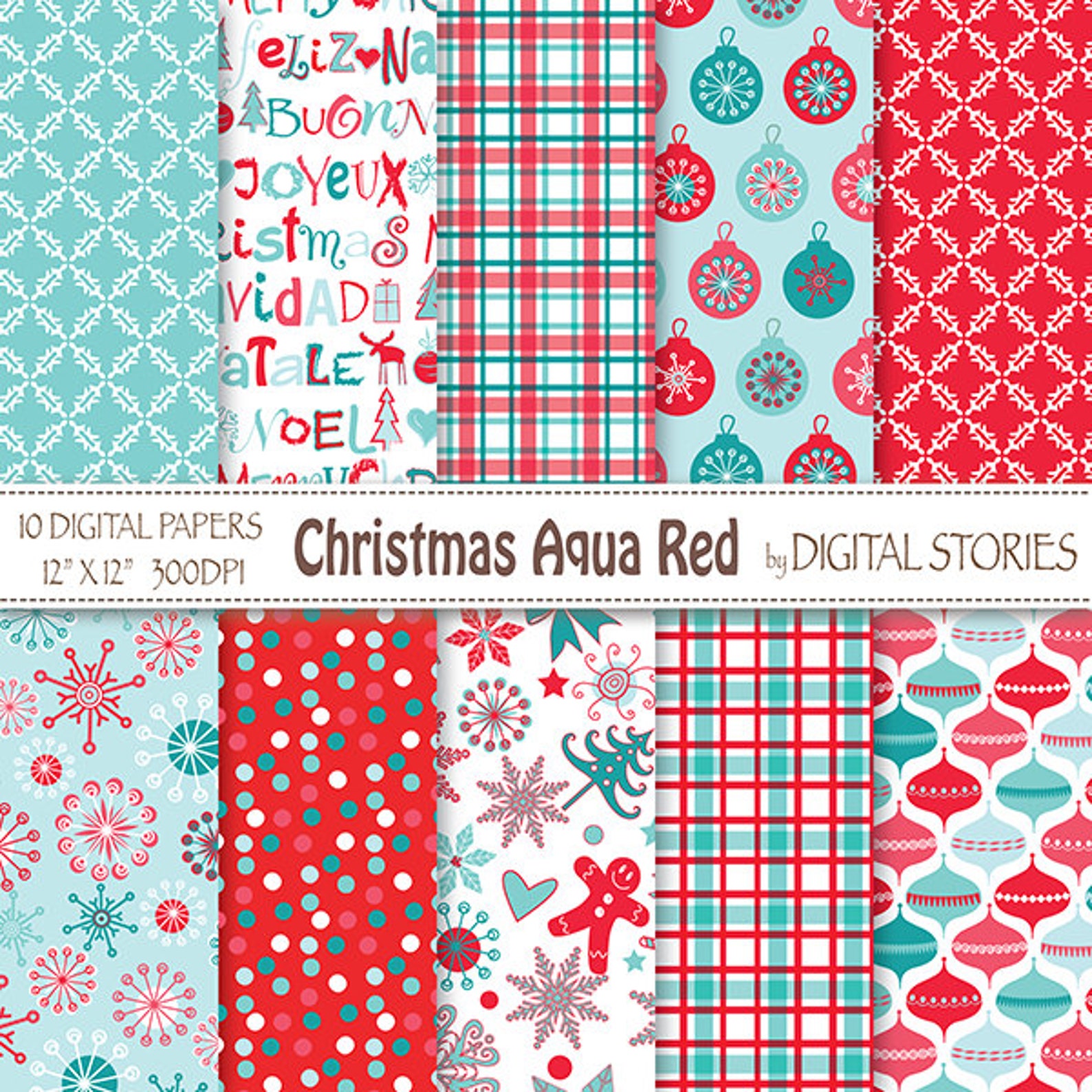 Christmas Digital Paper: christmas AQUA Red Scrapbook Paper With Retro ...