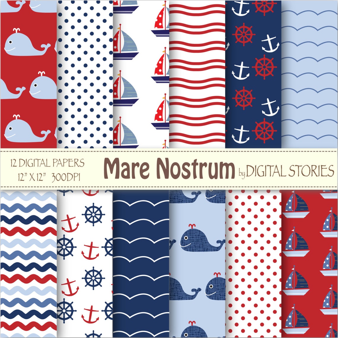 Baby Boy Nautical Digital Paper Pack Red Blue Waves Anchors Whale Mare ...