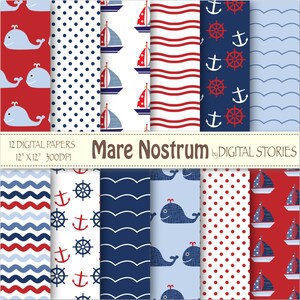 Baby Boy Nautical Digital Paper Pack Red Blue Waves Anchors Whale Mare ...