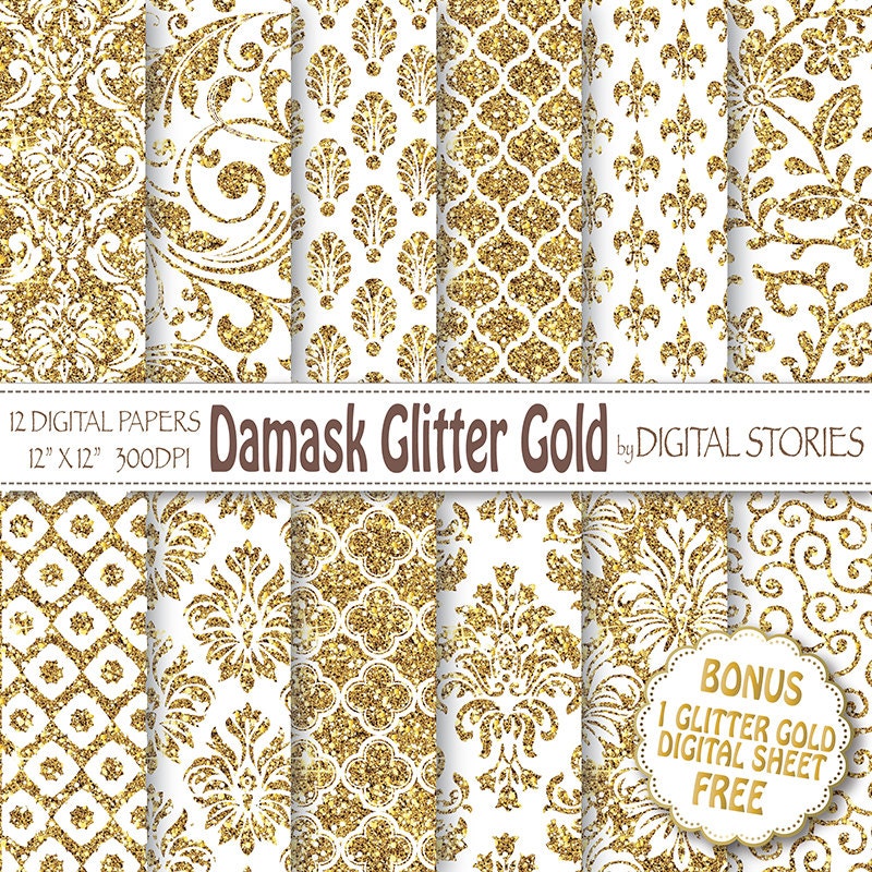 Damask Glitter Gold Digital Paper: damask GLITTER Gold Golden Glitter ...