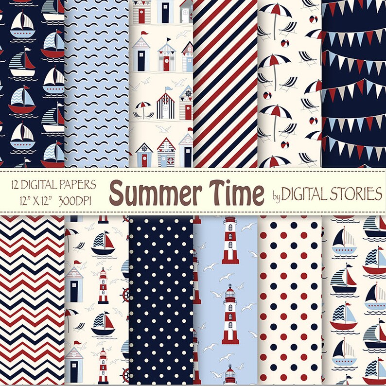Nautical Digital Papers: summer Time Navy Summer - Etsy