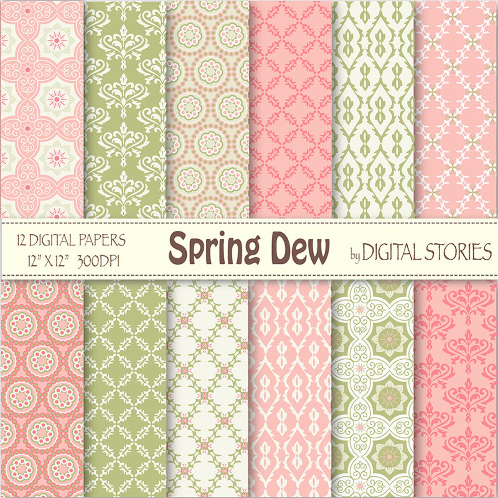 Pink Green Digital Paper: spring Dew Retro Froral Spring Arabesque ...