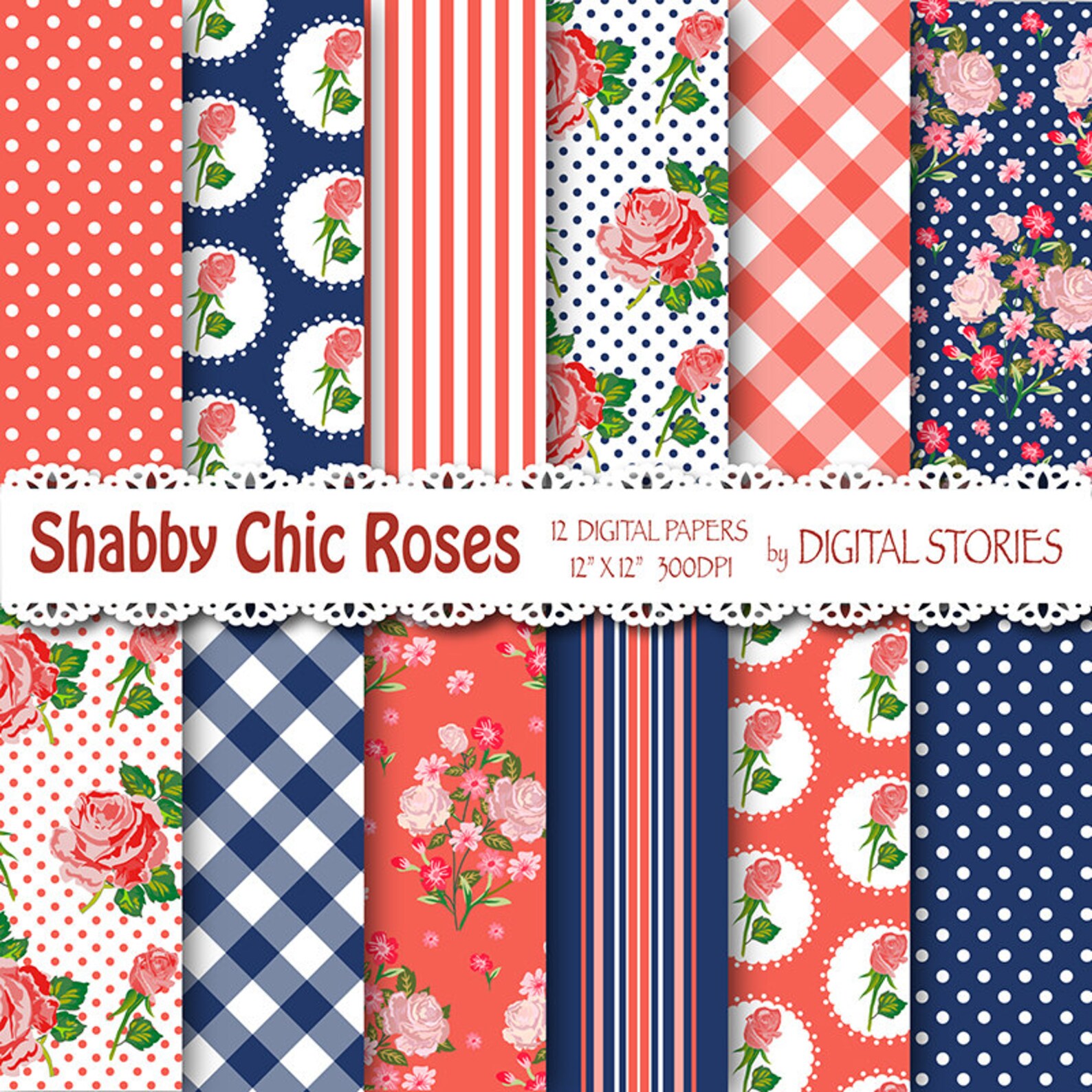 Shabby Chic Digital Paper: shabby RED Navyblue Floral Background With ...