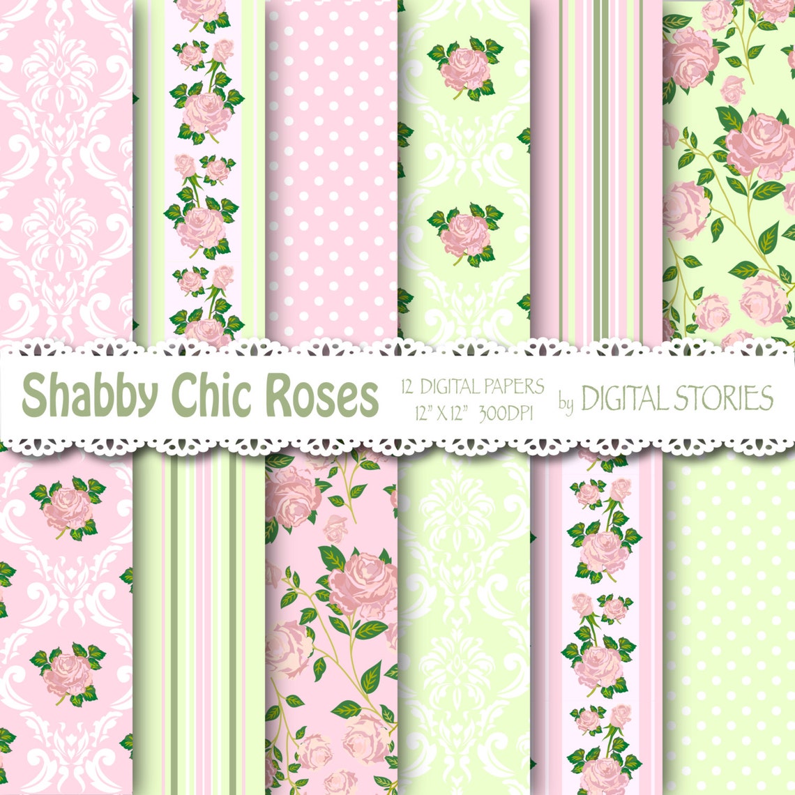 Shabby Chic Digital Paper: shabby PINK Green Floral Background With ...