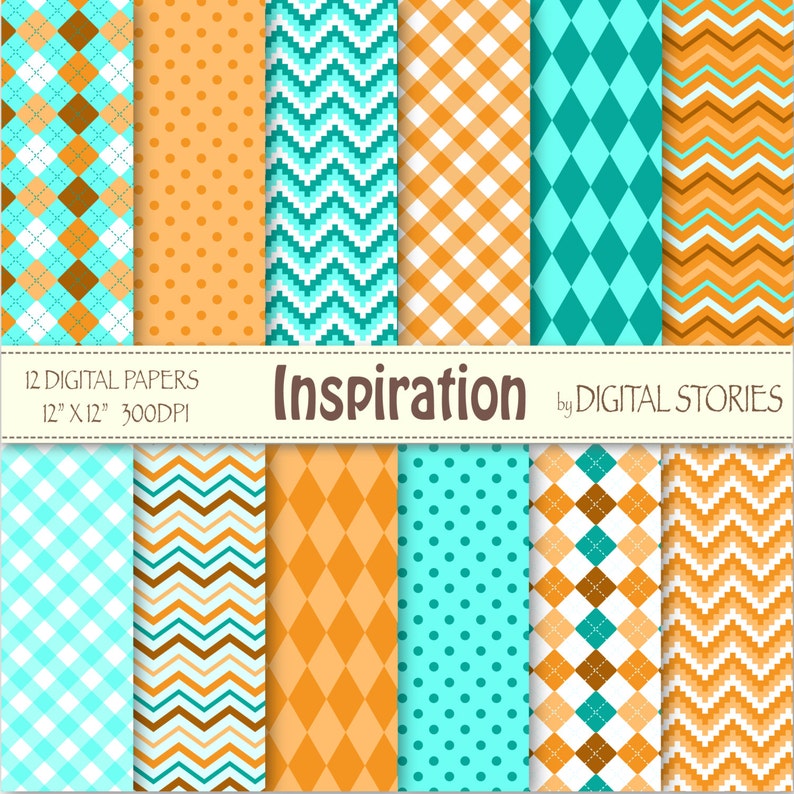 Orange Turquoise Chevron Plaid Digital Scrapbook Paper Pack Inspiration ...