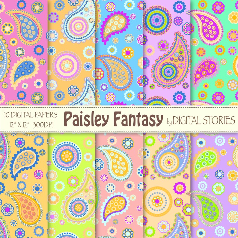 Paisley Digital Paper: paisley FANTASY 2 Scrapbook Paper With Colorful ...