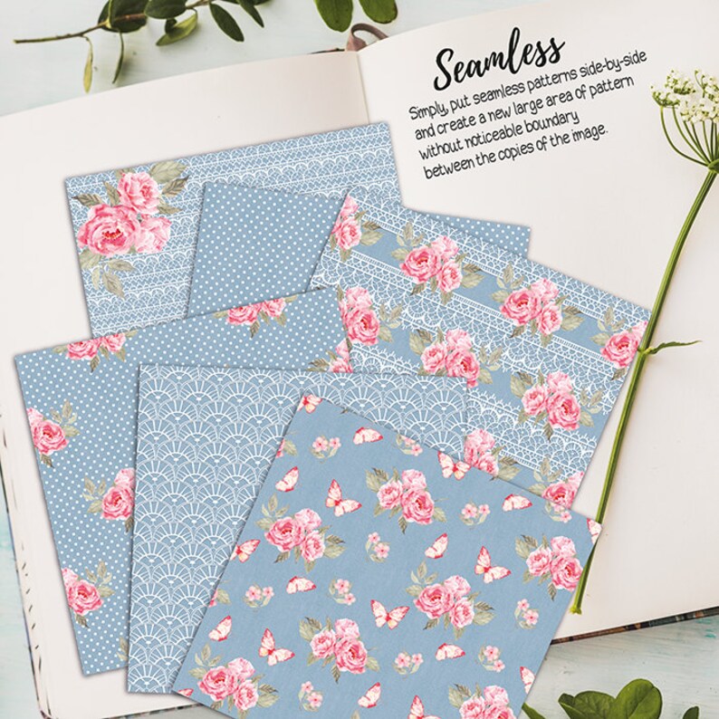 Shabby Chic Digital Paper:shabby LACE DENIM 2 Floral Seamless, Tileable ...