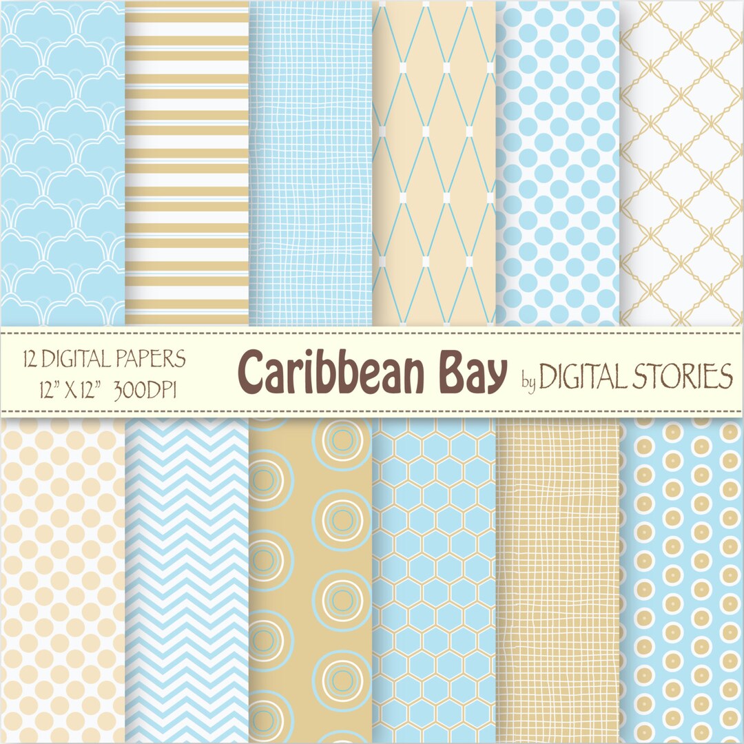 Blue Beige Digital Paper Pack-dots Chevron Stripes Diagonal caribbean ...