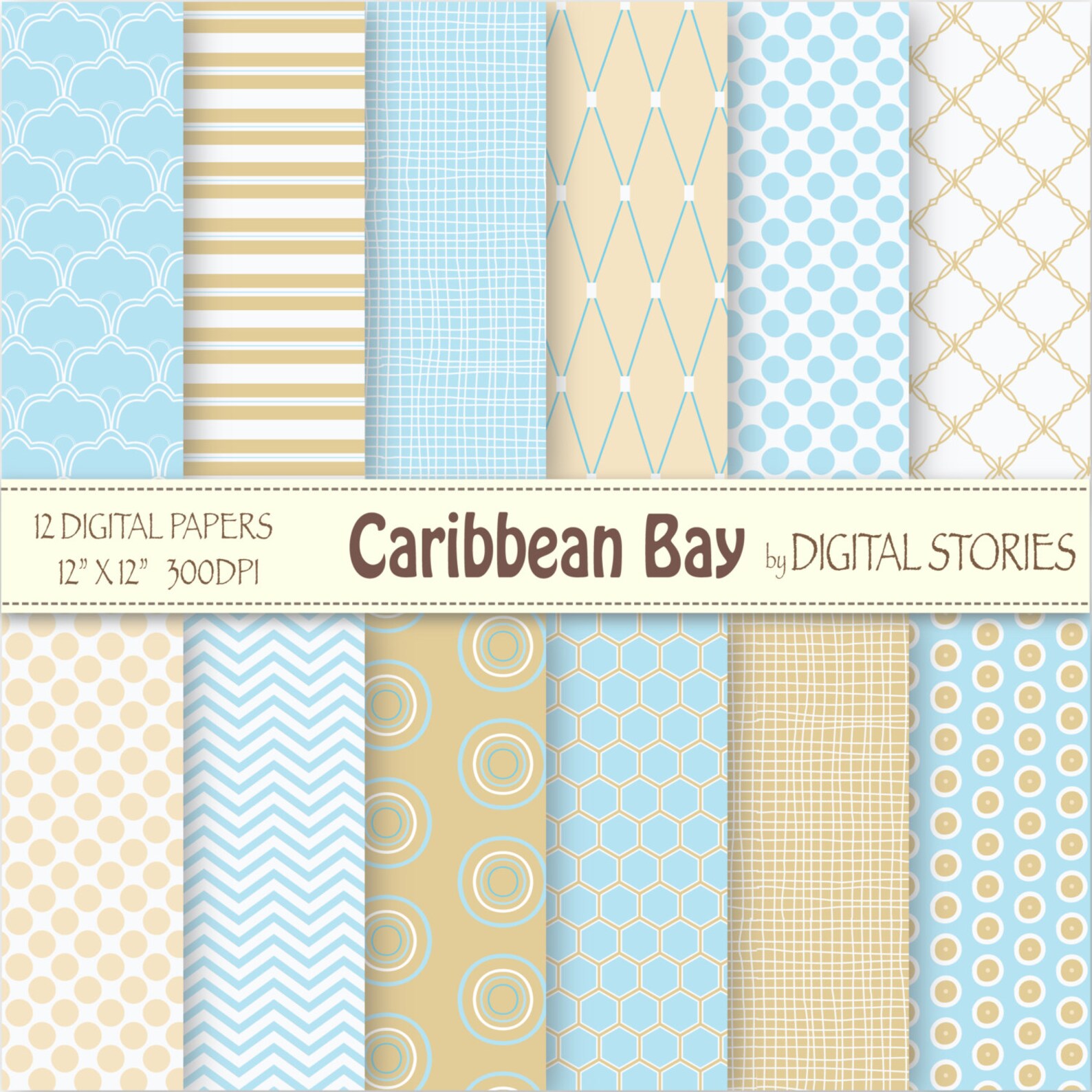 Blue Beige Digital Paper Pack-dots Chevron Stripes Diagonal caribbean ...