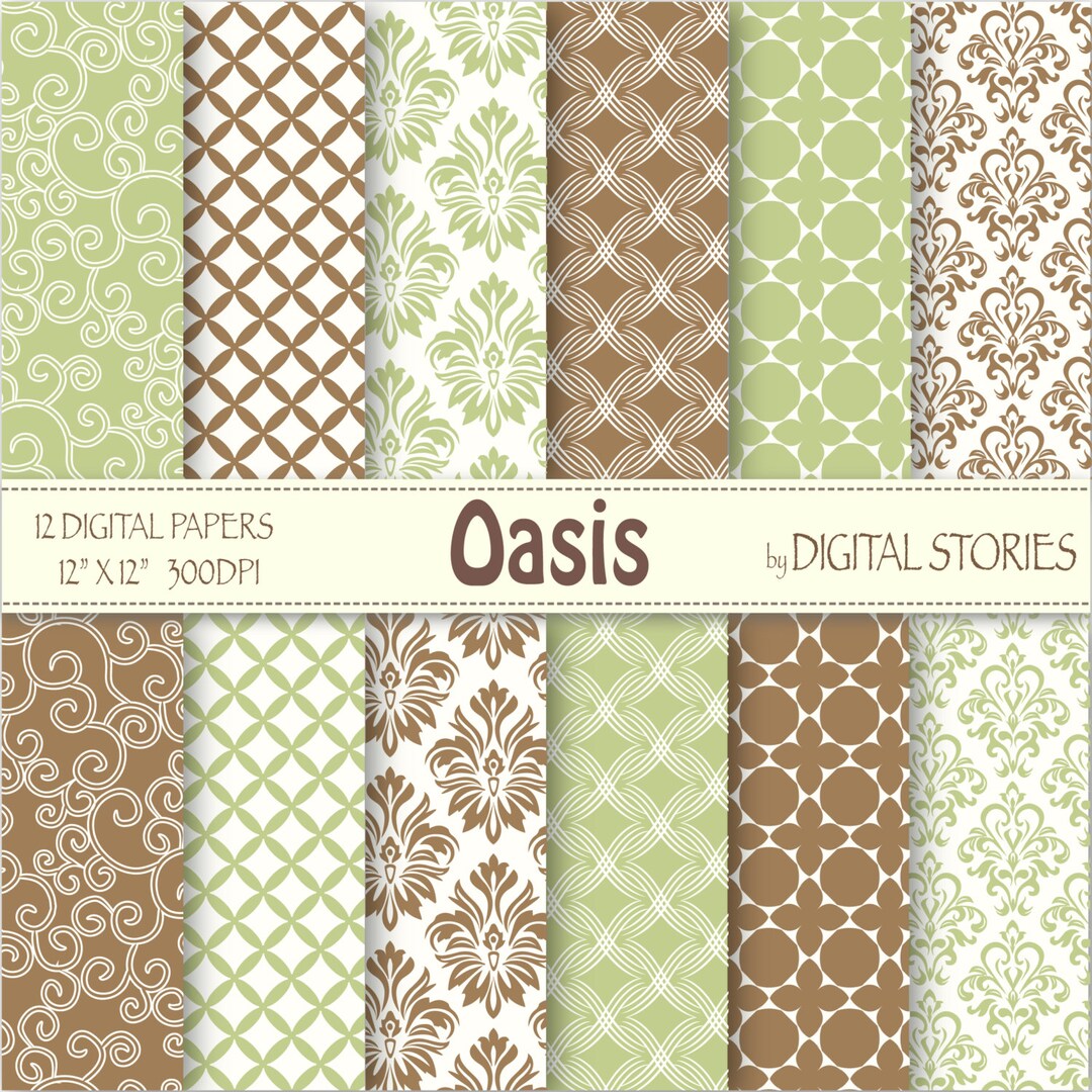 Green Brown Damask Swirl Digital Scrapbook Paper Pack Oasis Etsy