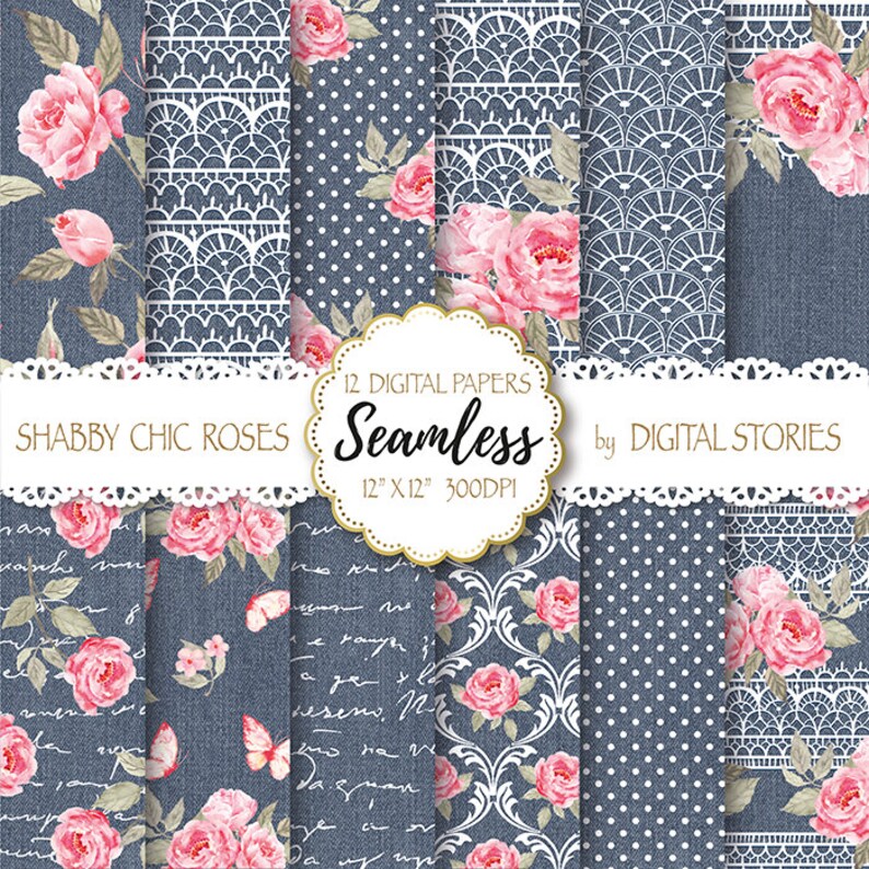 Shabby Chic Digital Paper shabby LACE Denim Floral Seamless, Tileable ...
