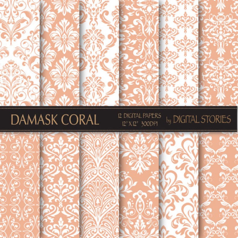 Damask Digital Paper: damask CORAL Peach Digital Paper With Vintage ...