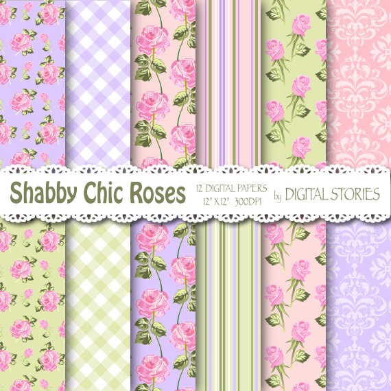 Shabby Chic Digital Paper: lilac PINK Green Floral Background With ...