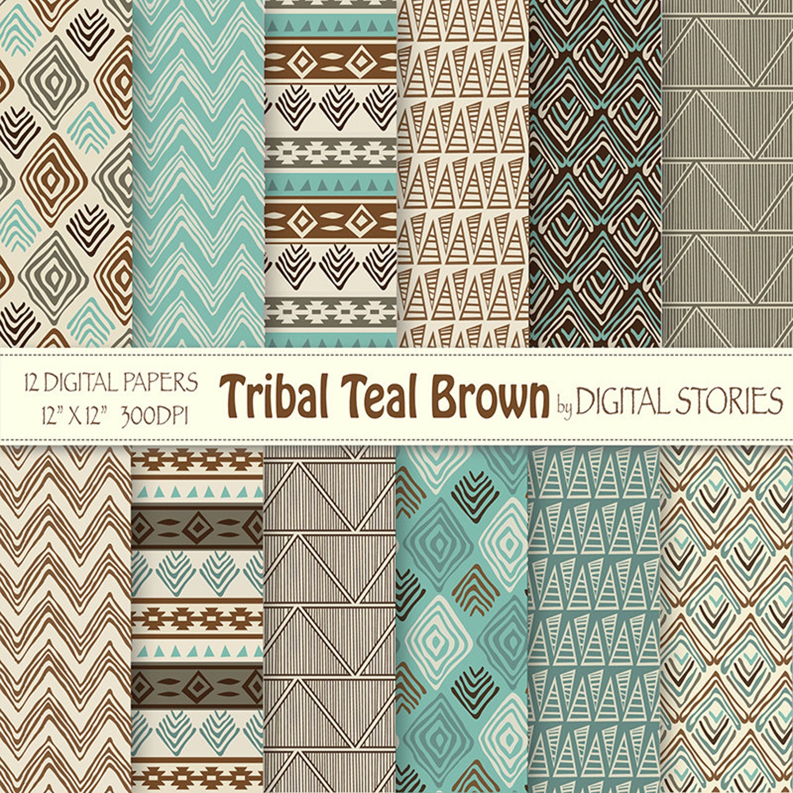 Tribal Digital Paper: tribal TEAL Brown With Tribal Patterns, in Brown ...