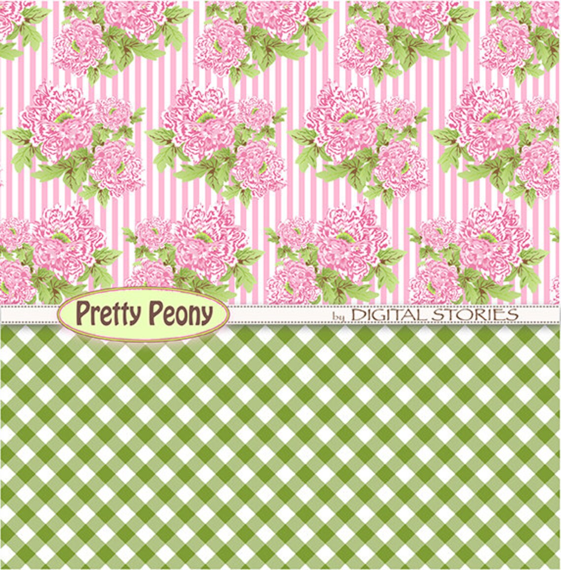 Floral Digital Paper: pretty Peony Hot Pink Green Flower Shabby Chic ...