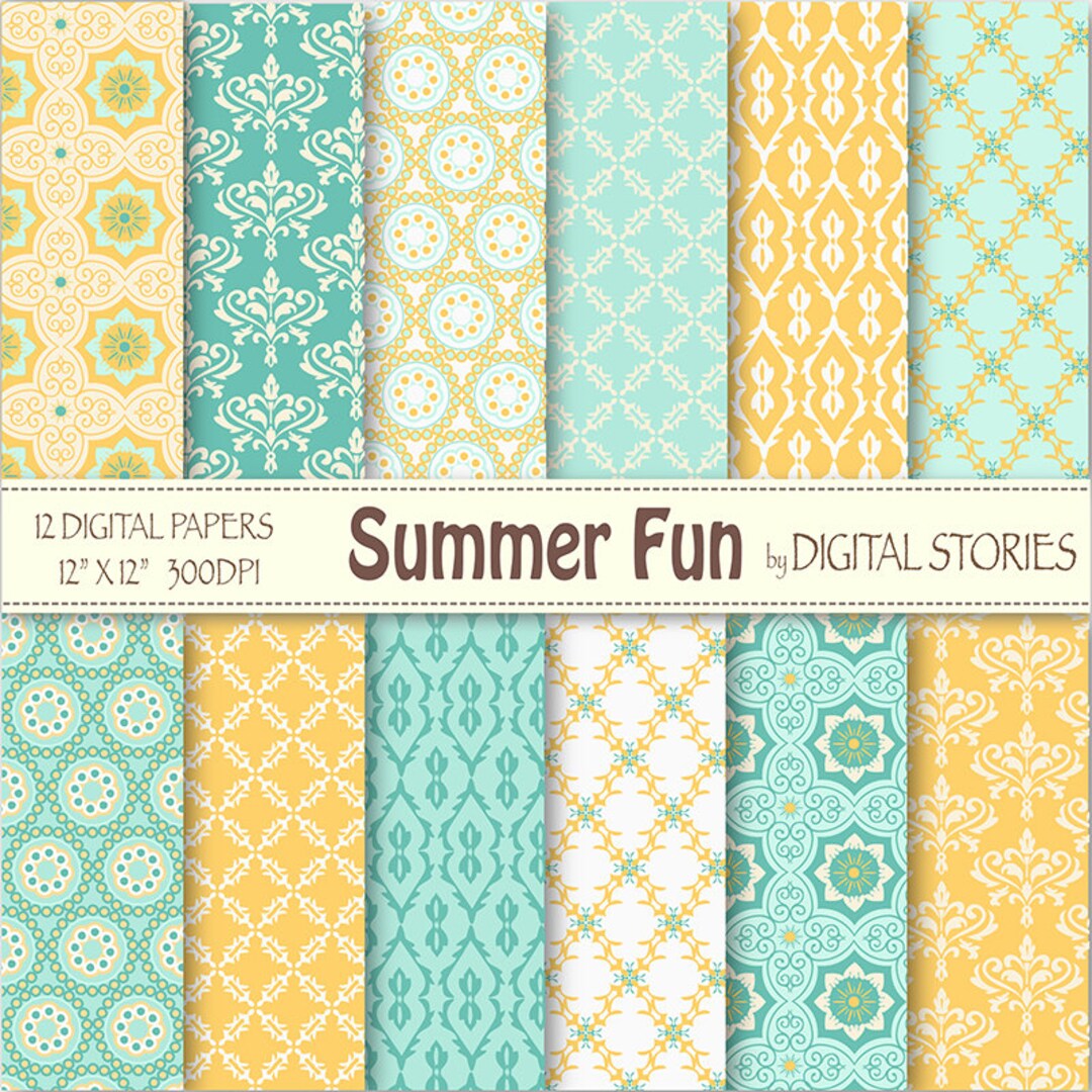 Summer Digital Paper: summer Fun Yellow, Teal, Blue, Retro, Digital ...