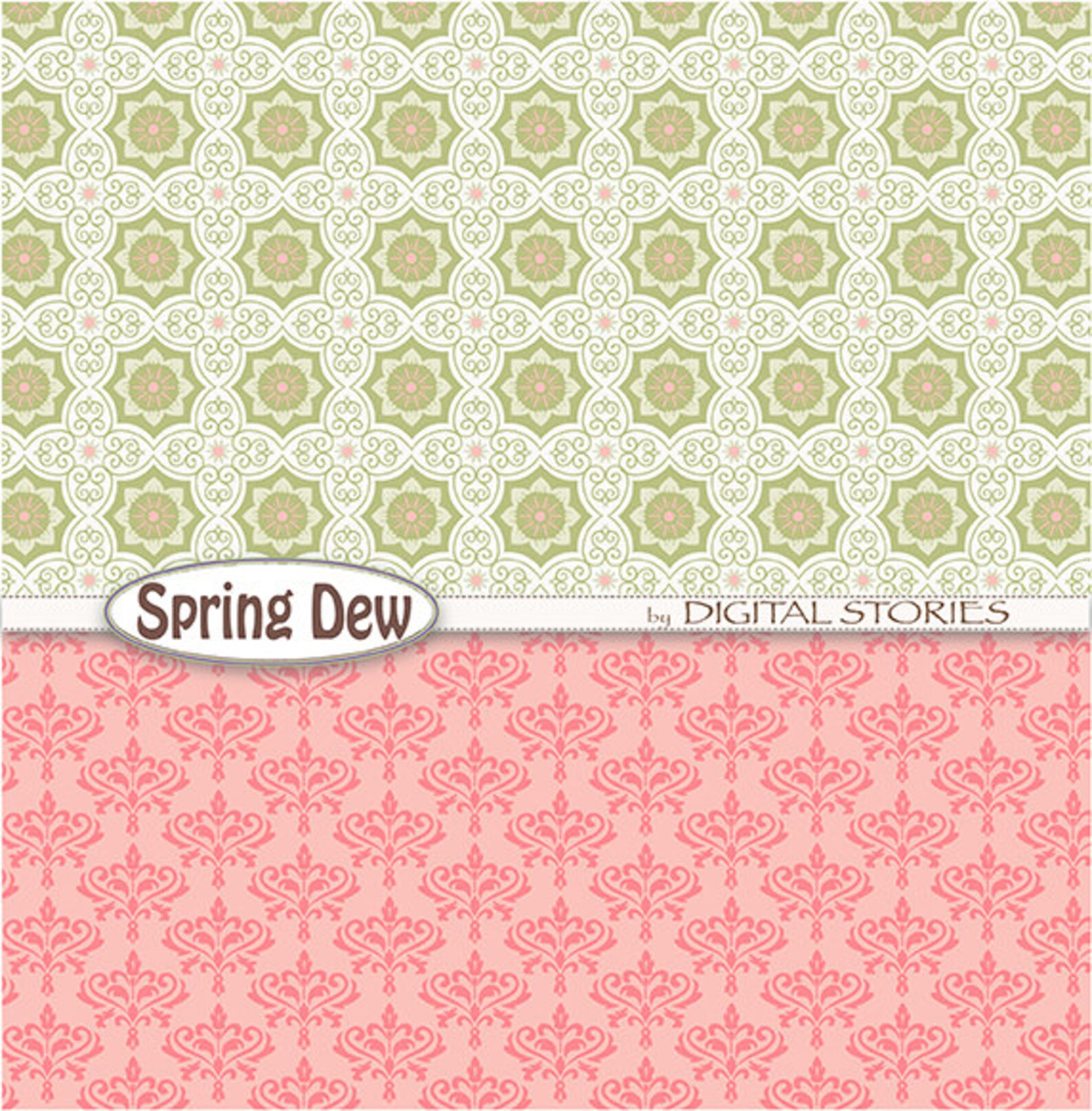 Pink Green Digital Paper: spring Dew Retro Froral Spring Arabesque ...