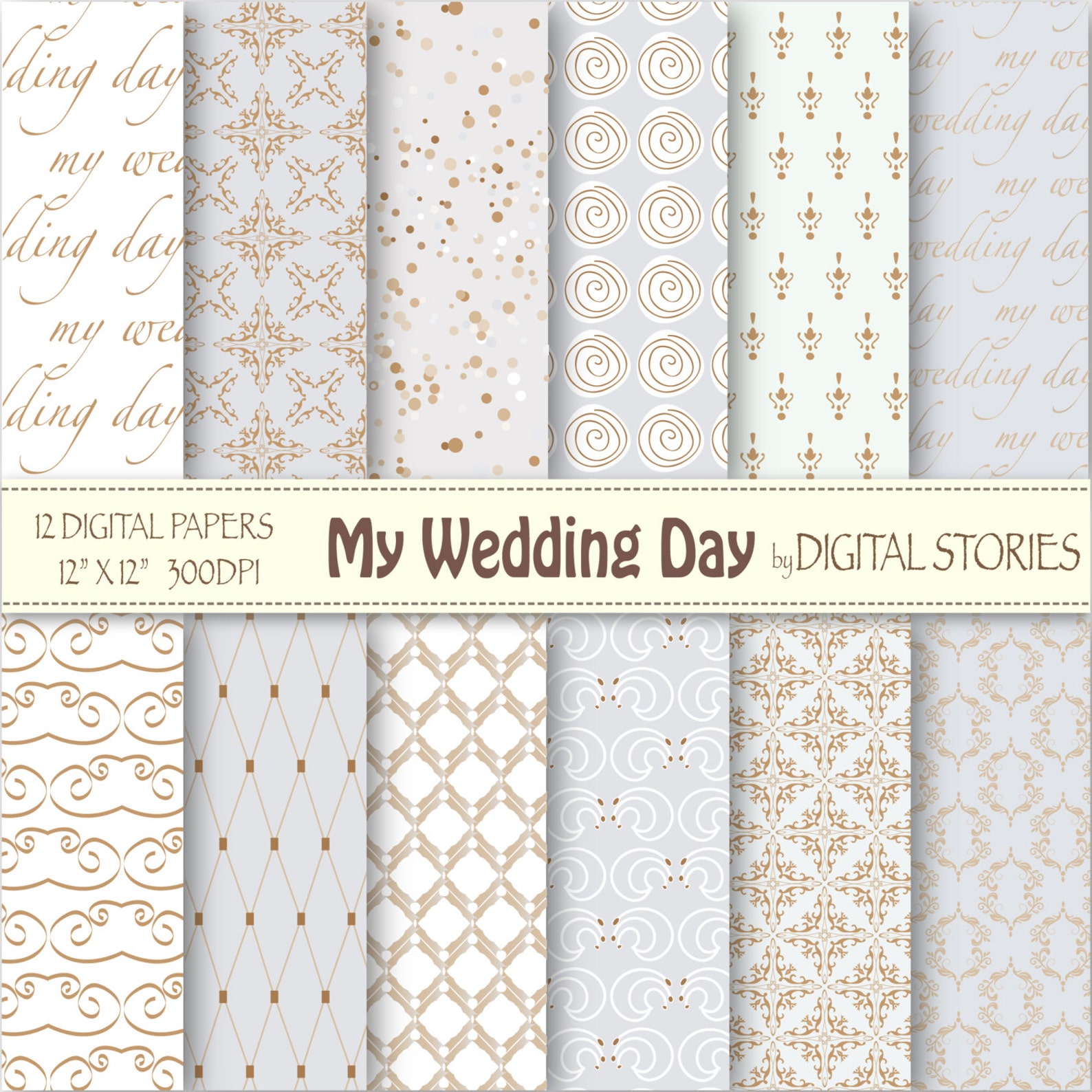 Wedding Digital Paper: my WEDDING Day White Gold Light Gray Bridal ...