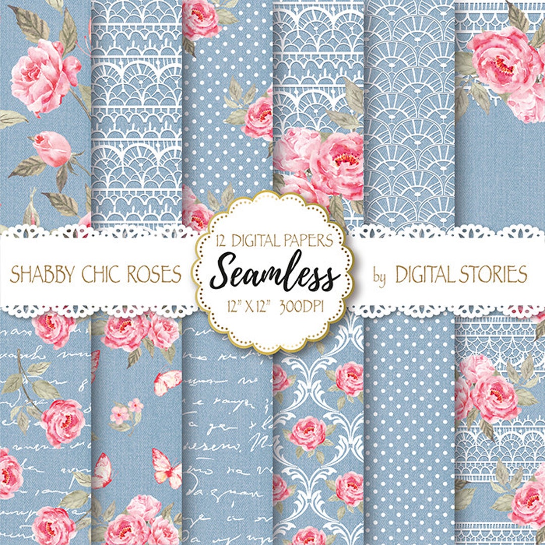 Shabby Chic Digital Paper:shabby LACE DENIM 2 Floral Seamless, Tileable ...