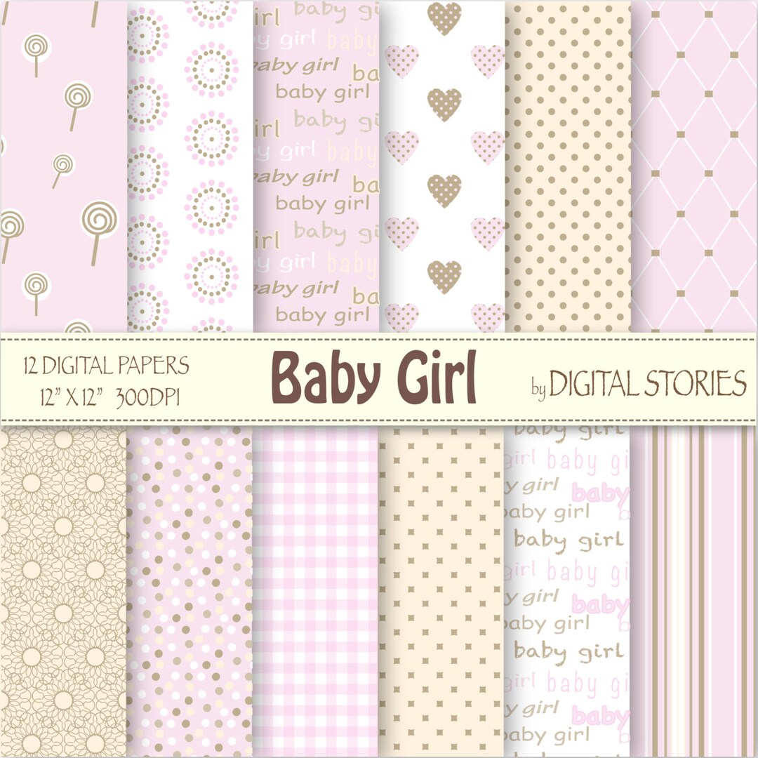 Baby Girl Digital Paper: baby Girl Pink Beige Lolipop Heart Text Dots ...