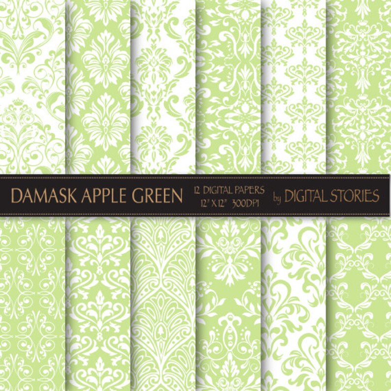 Damask Digital Paper: damask APPLE Green Scrapbook Paper With Vintage ...