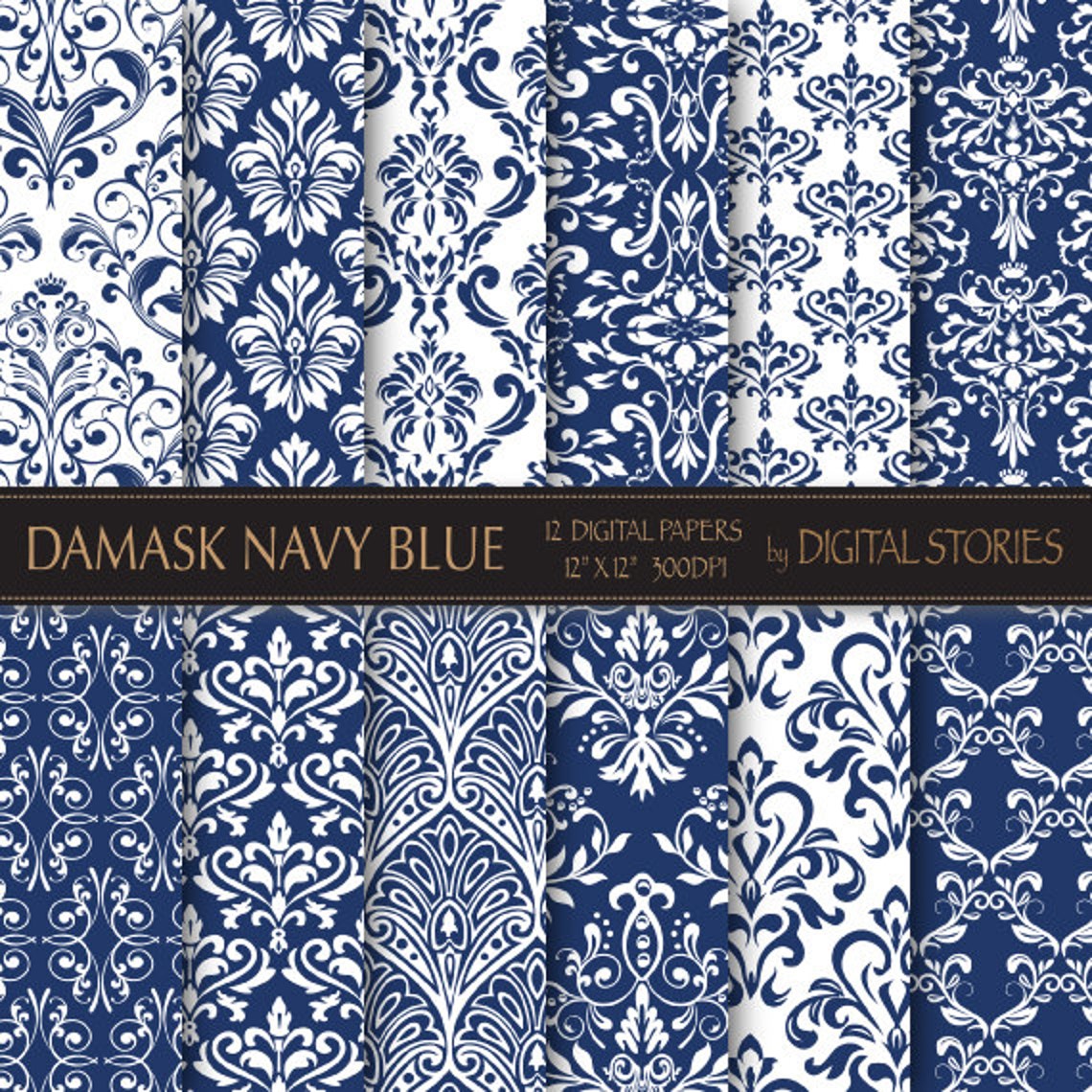 Damask Digital Paper: damask NAVY Blue Digital - Etsy
