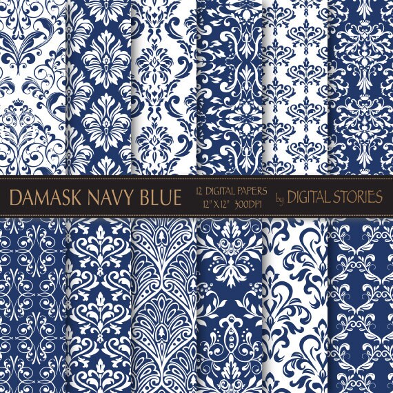 Damask Digital Paper: DAMASK NAVY BLUE digital | Etsy