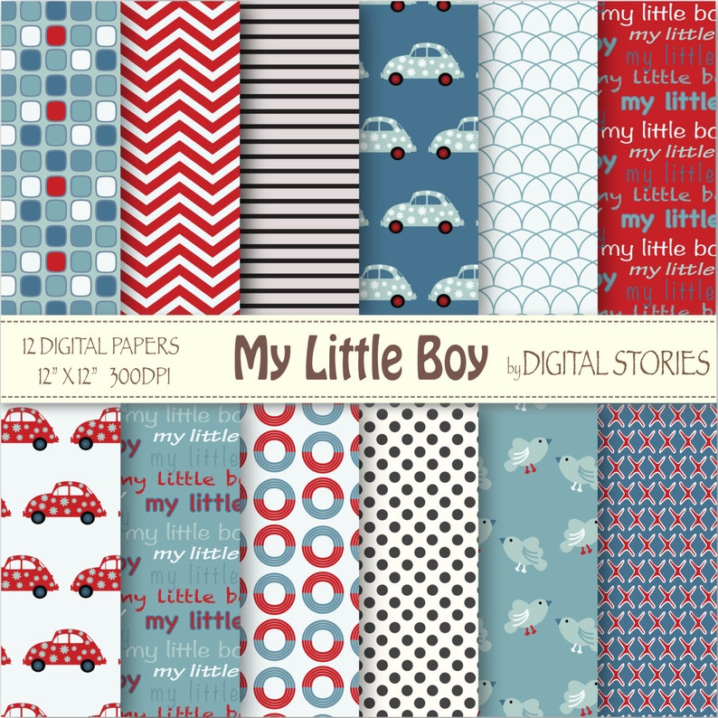 Baby Boy Digital Paper: my LITTLE Boy Red Blue Chevron Cars for ...