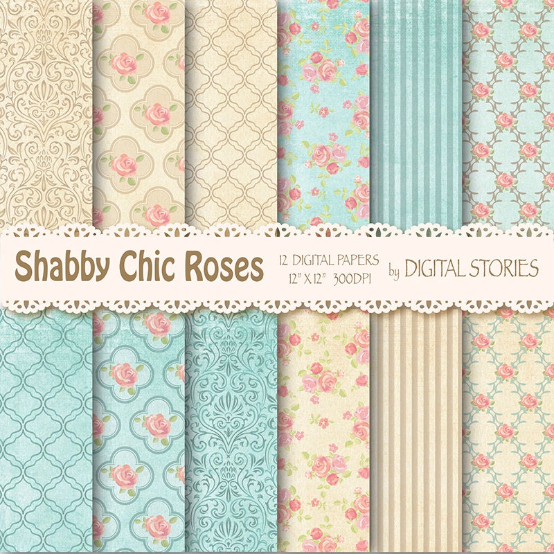 Shabby Chic Digital Paper: SHABBY TEAL Beige Floral Vintage Background ...