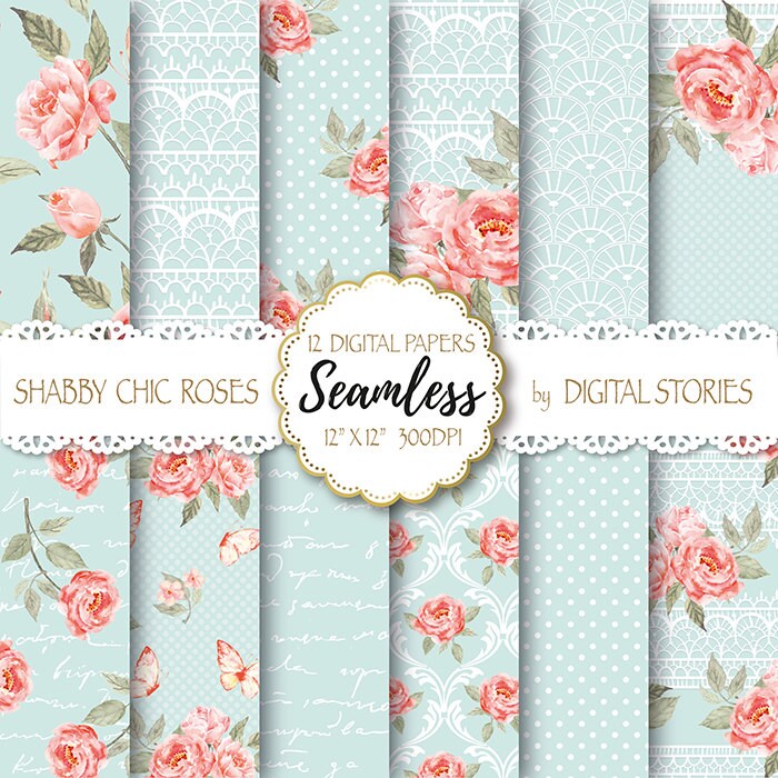 Shabby Chic Digital Paper SHABBY LACE TEAL Floral | Etsy