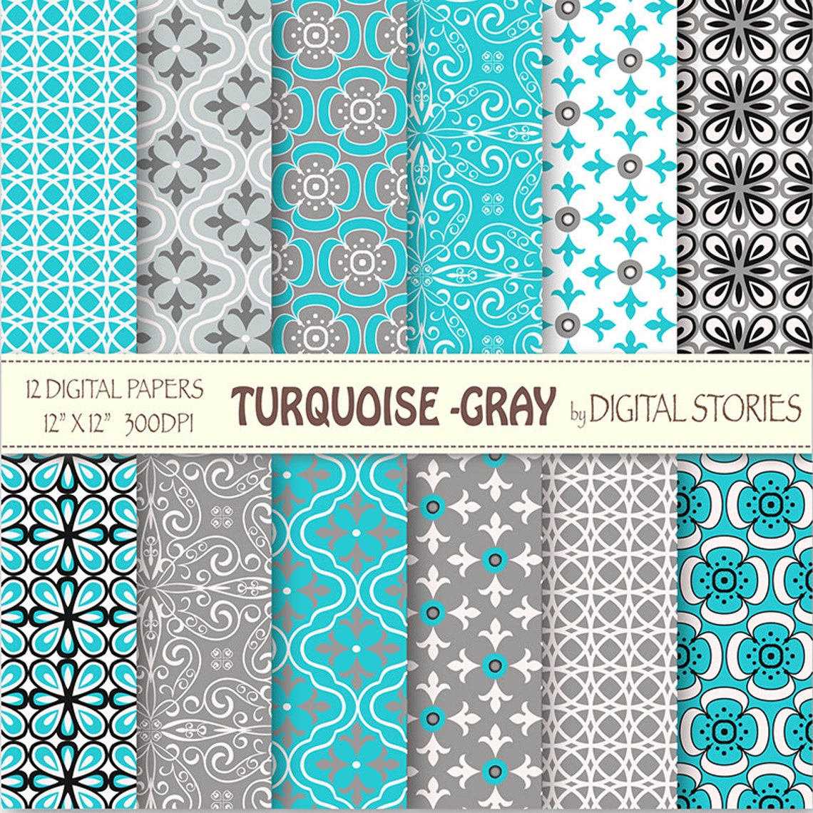 Turquoise Gray Digital Paper: turquoise Gray Retro Digital Scrapbook ...