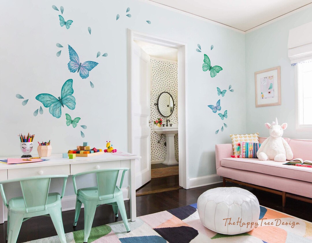 Butterfly Wall Decal Set Blue, Green Butterfly Fairy Tail Mural Toddler ...